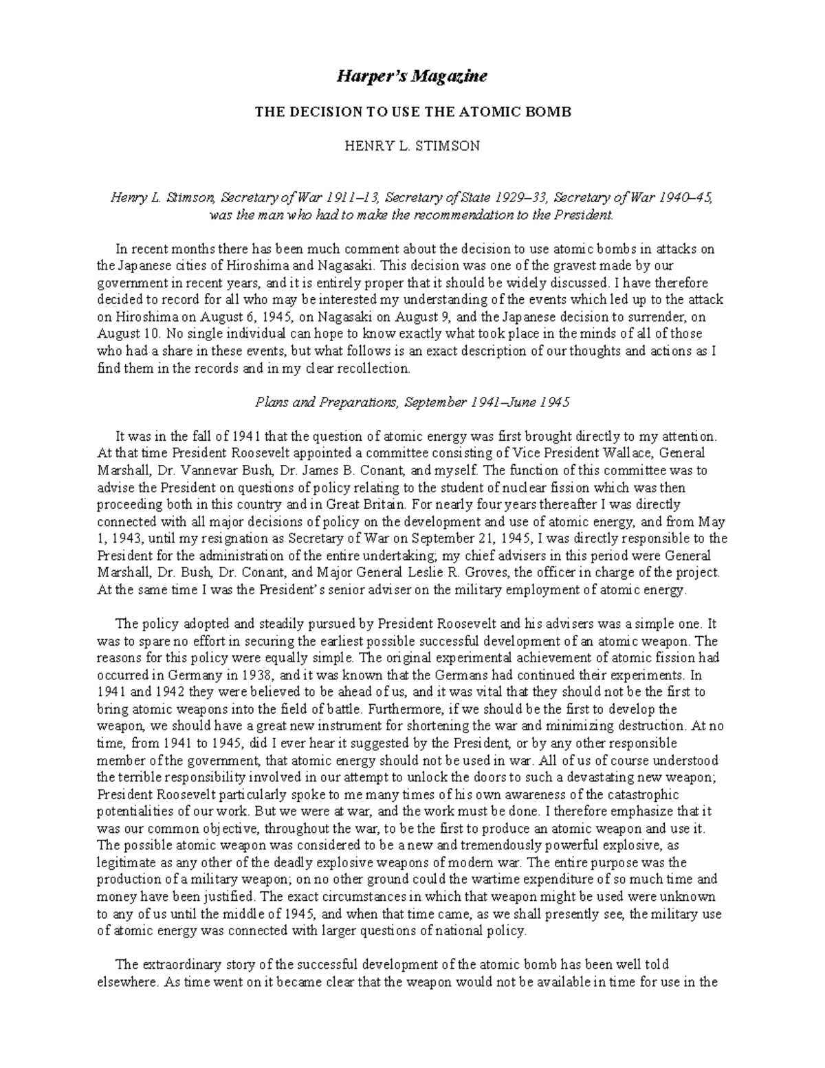 HIST 302: The Decision to Use the Atomic Bomb - Henry Stimson's Account ...