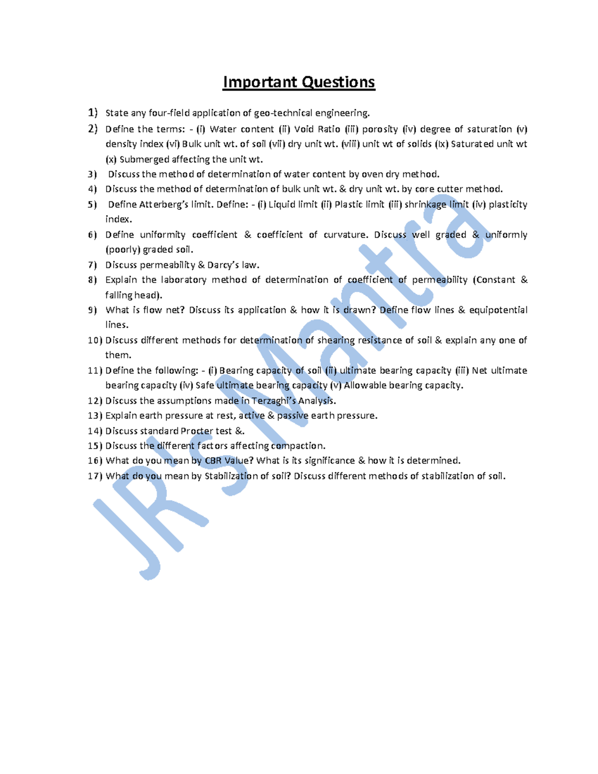 Soil Engineering Important Questions for Exam Preparation - Studocu