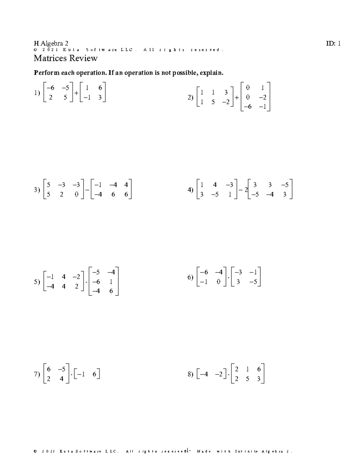 H Algebra 2 Matrices Review Worksheet - Studocu