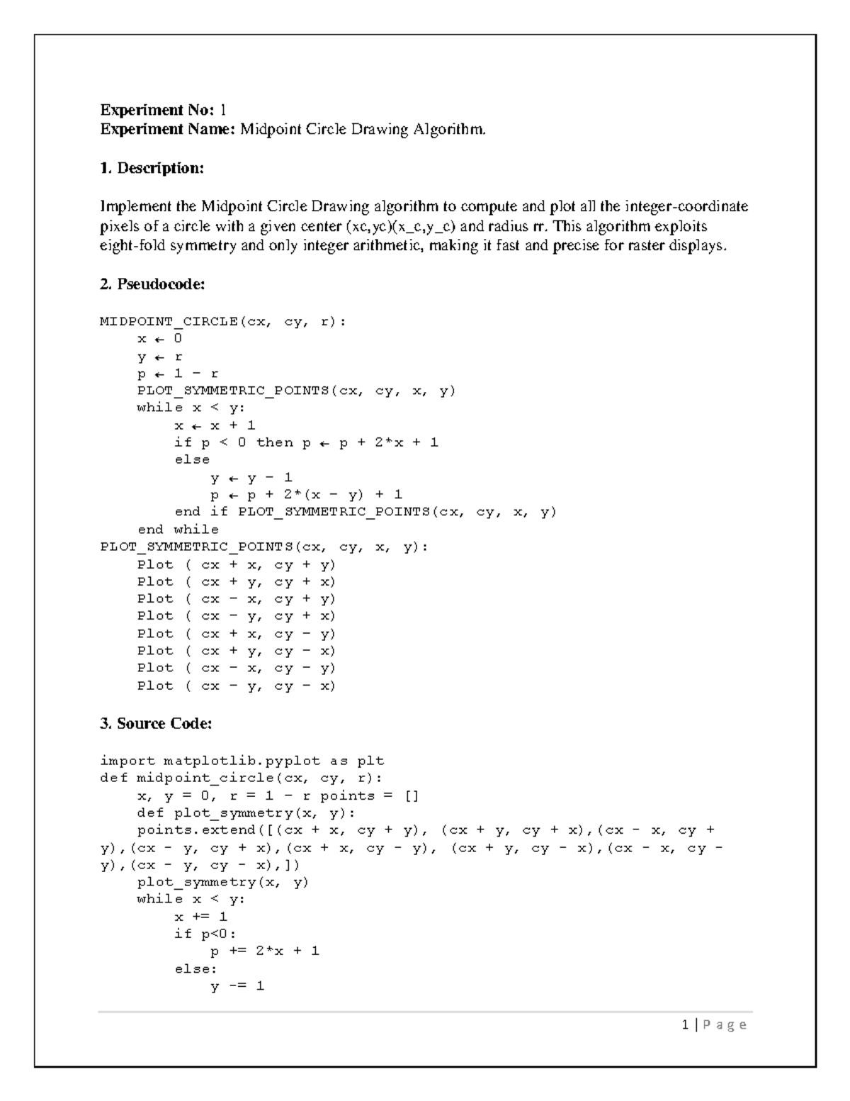 Midpoint Circle Drawing Algorithm - Experiment No: 1 - Studocu