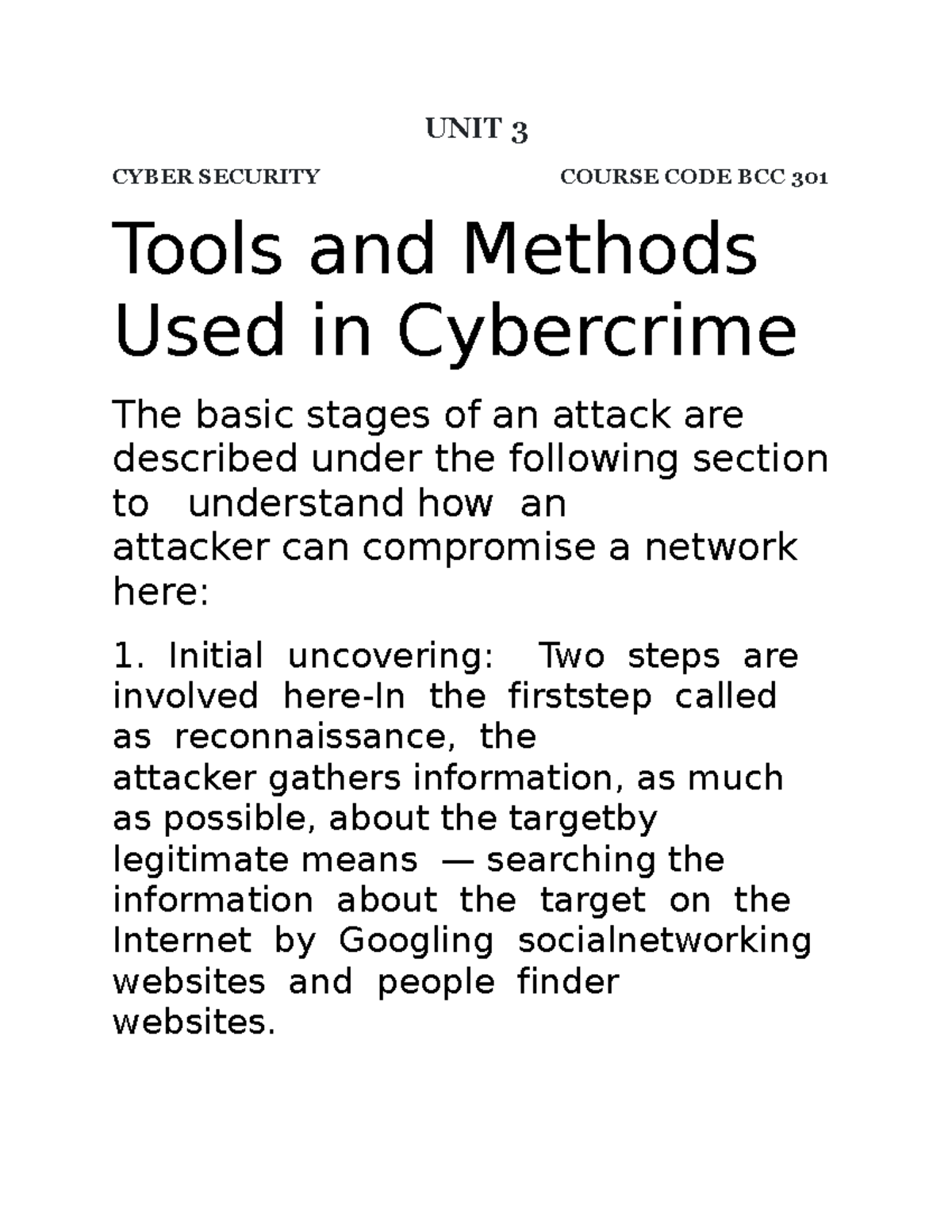 BCC 301 Cyber Security UNIT 3 Tools and Methods Overview - Studocu