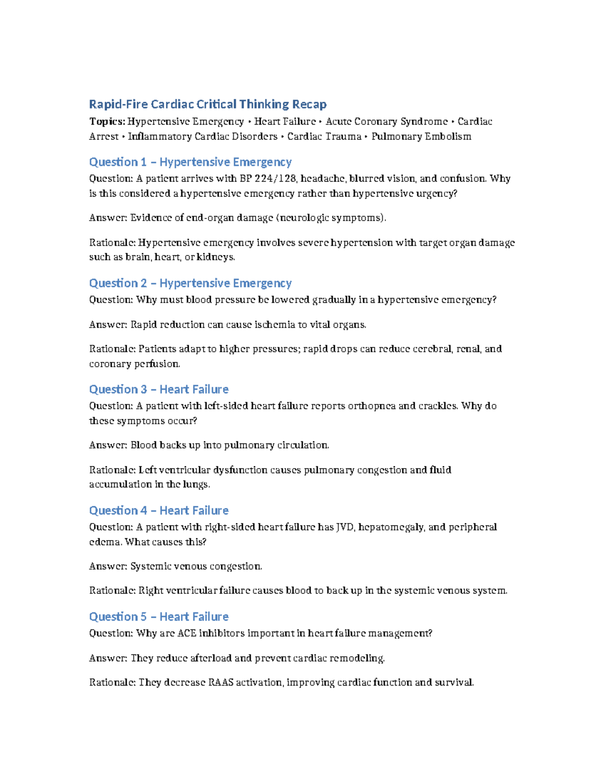 NUR 421 Cardiac Knowledge Check: Hypertensive Emergencies & Heart ...