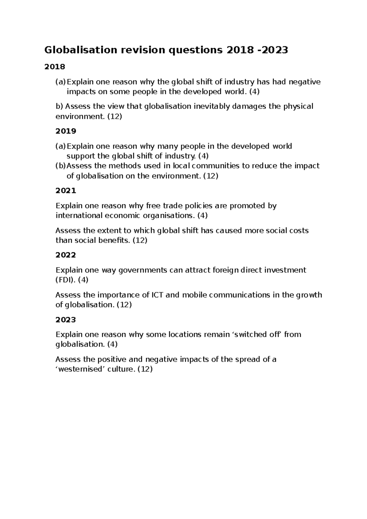 Edexcel Geography Practice Questions on Globalisation & Hazards - Studocu