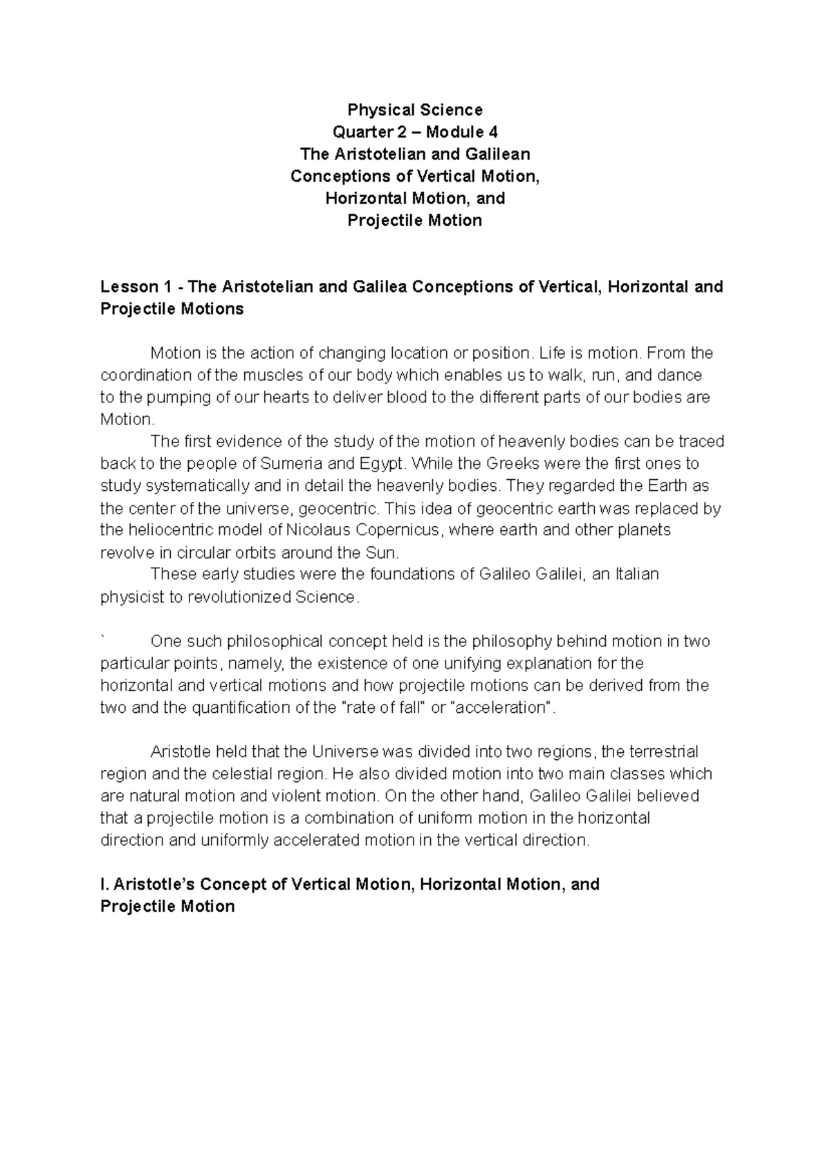 Physical Science - The Aristotelian and Galilean Conceptions of ...
