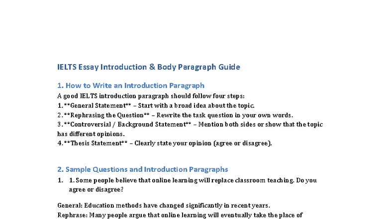 IELTS Essay Writing: Introduction & Body Paragraph Guide - Studocu