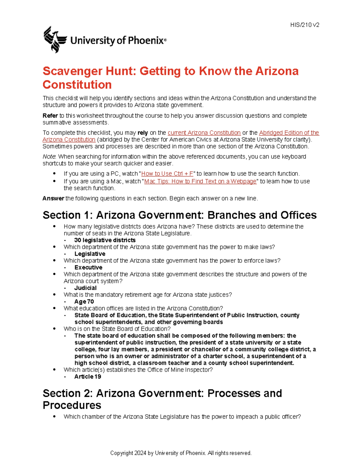 HIS/210 Week 1 Scavenger Hunt: Exploring the Arizona Constitution - Studocu