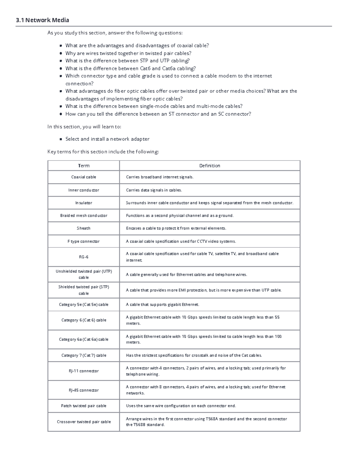 3.1 Network Media - Lecture Notes on Cabling Types and Advantages - Studocu