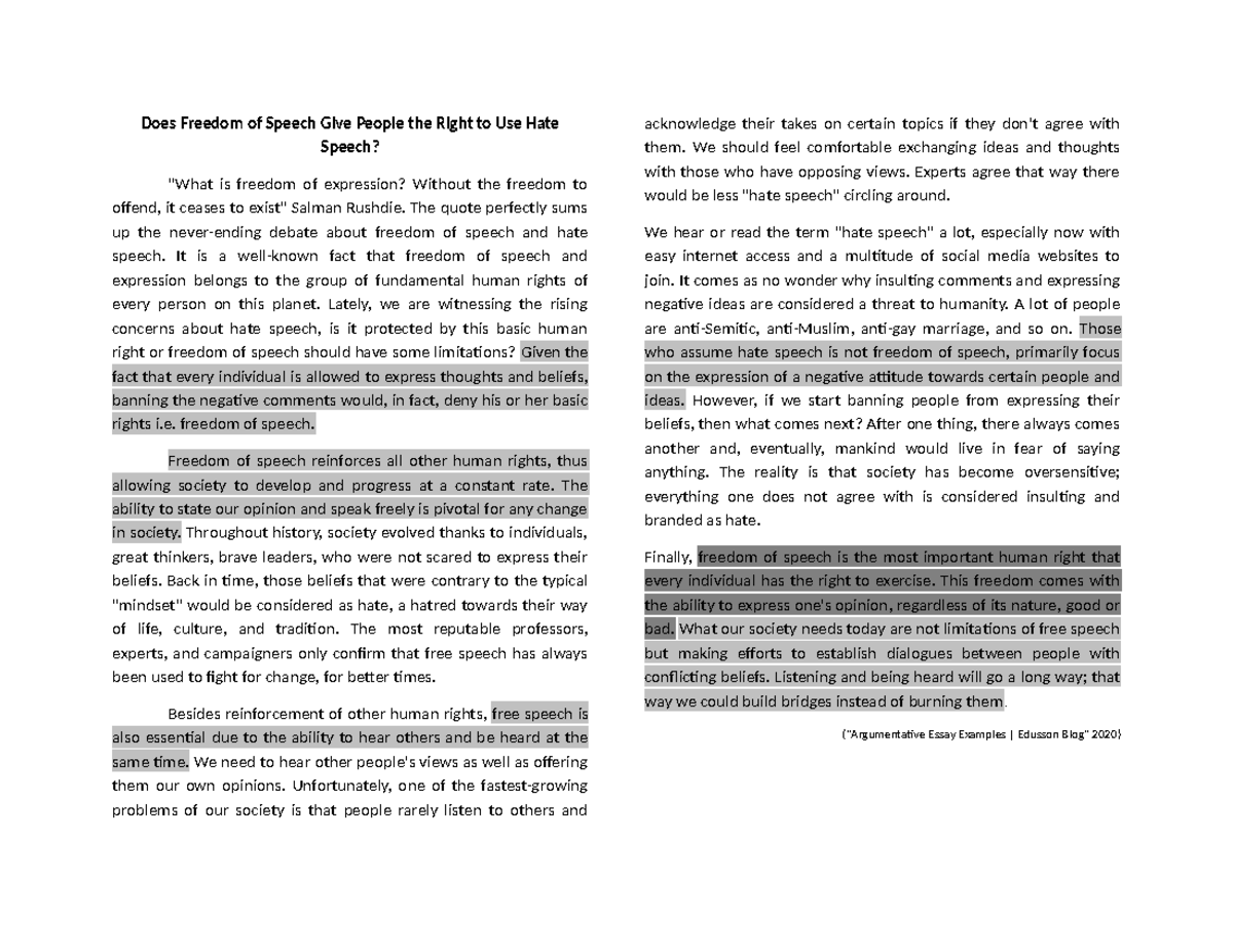Freedom of Speech vs. Hate Speech: An Argumentative Essay - Studocu
