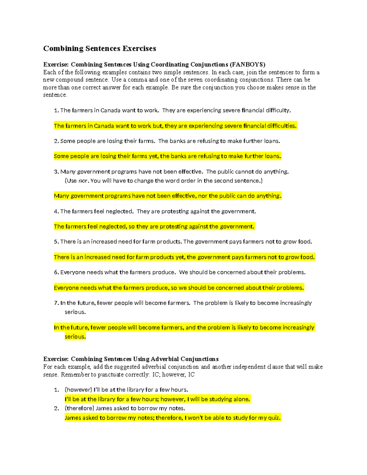 ENG101 Combining Sentences Exercises: Coordinating & Subordinating ...