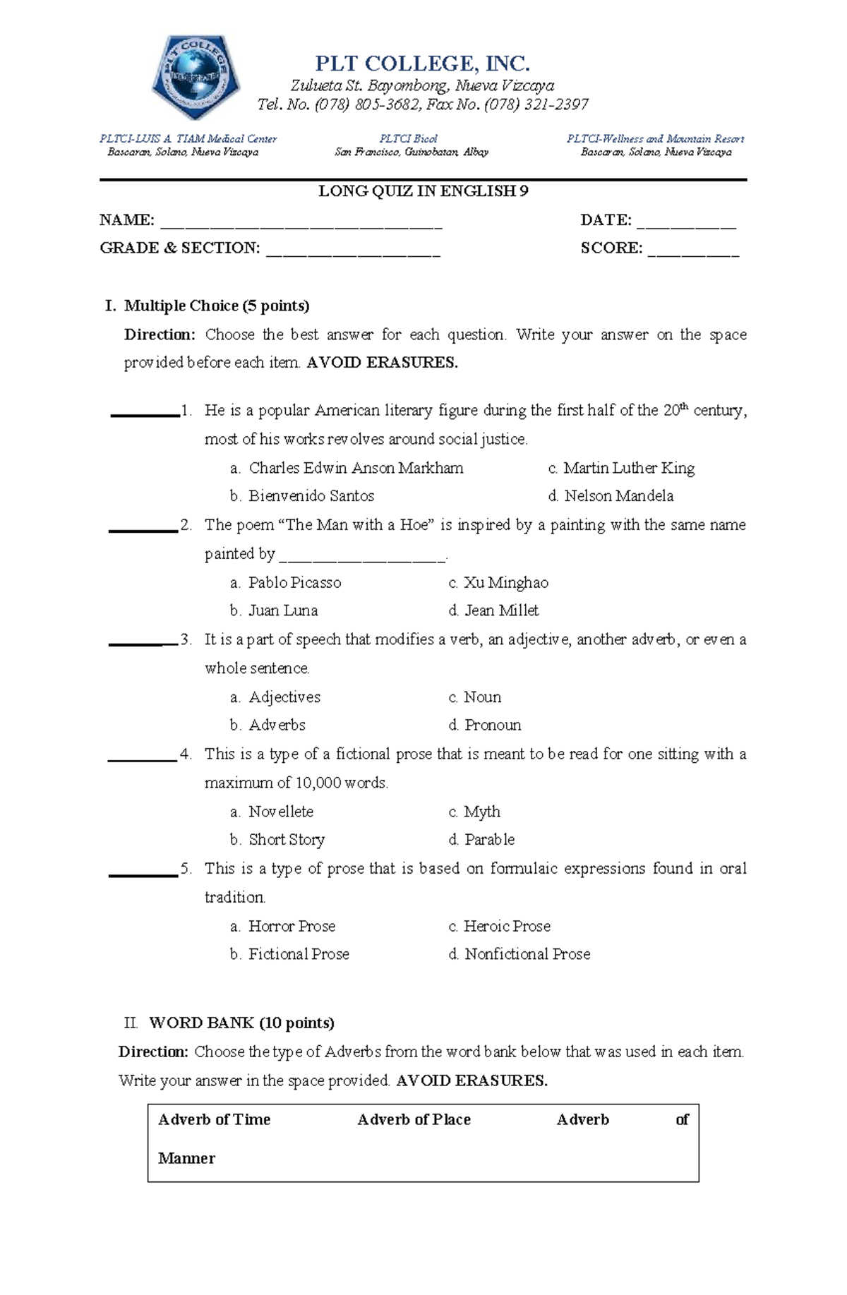 LONG QUIZ IN ENGLISH 9 - PLT COLLEGE, INC. - Studocu