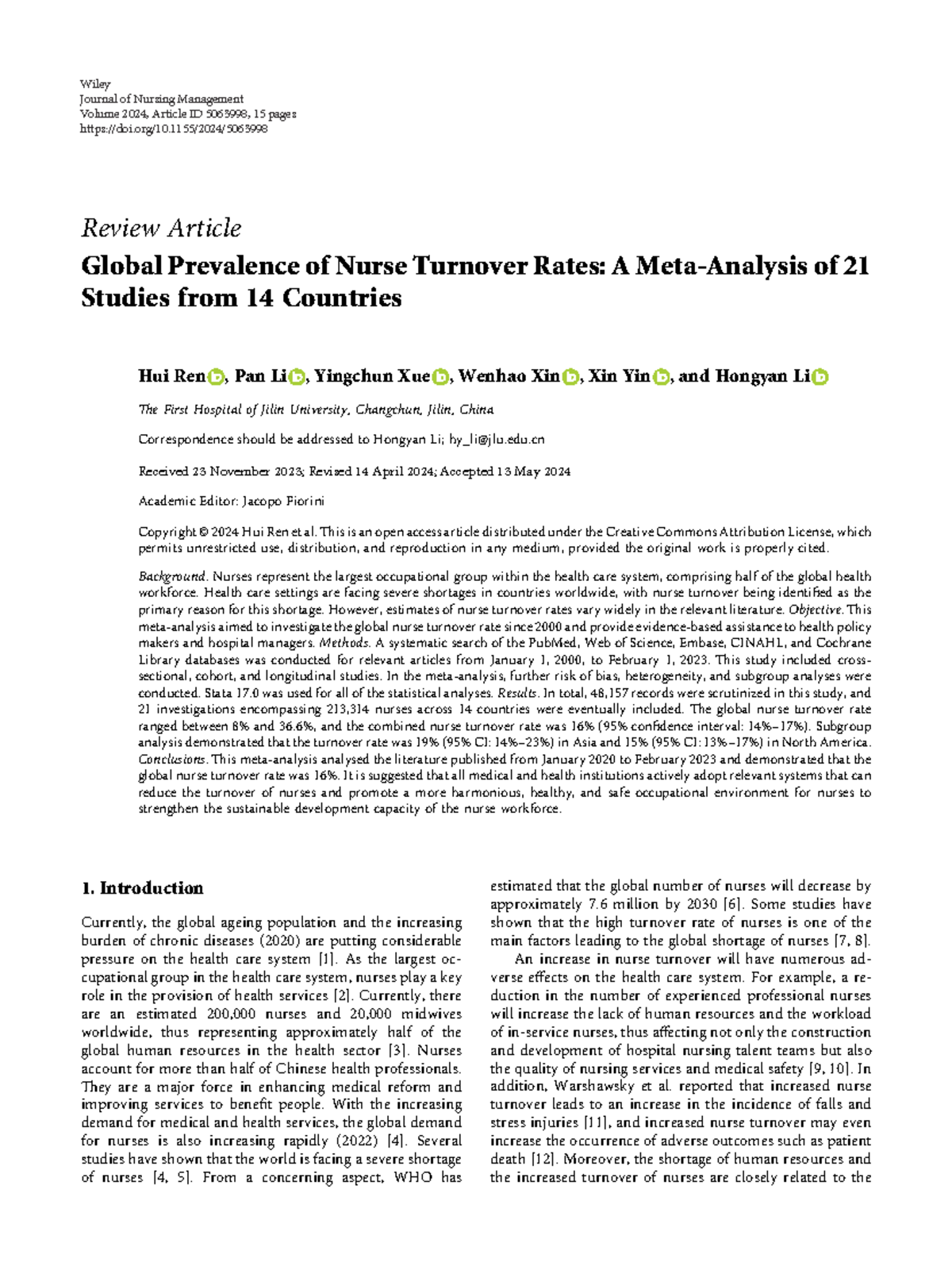 Global Prevalence of Nurse Turnover Rates: A Meta-Analysis of 21 ...