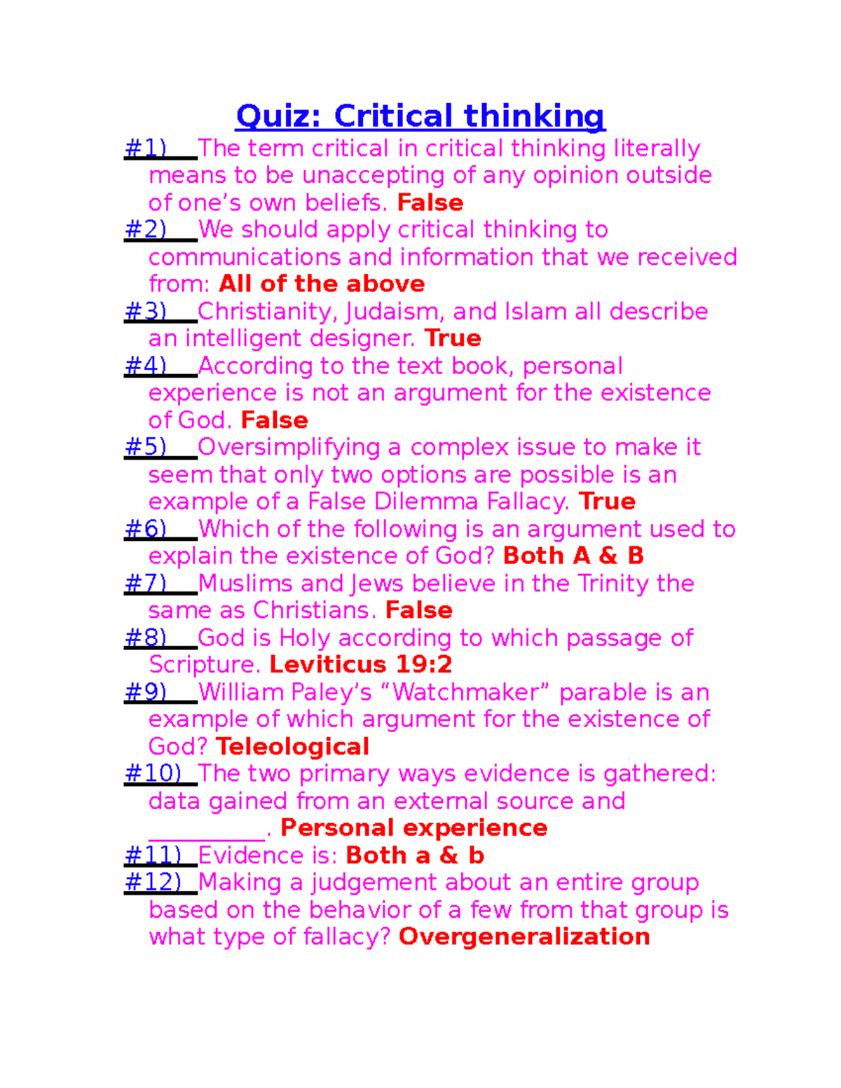 Critical Thinking Quiz: Essential Questions & Concepts - Studocu