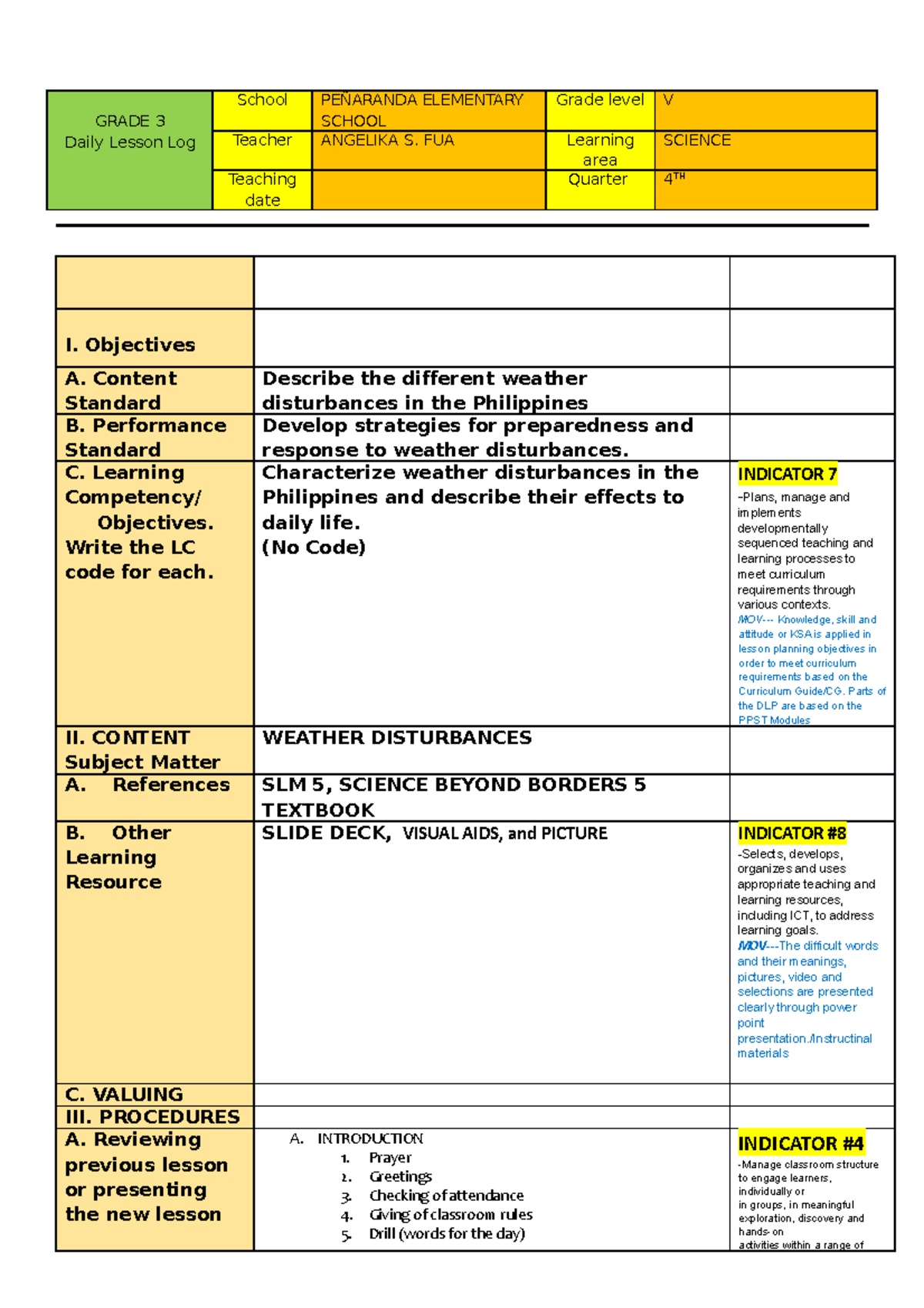 COT Science 5 Q4 Final Lesson Plan: Weather Disturbances in the PH - Studocu