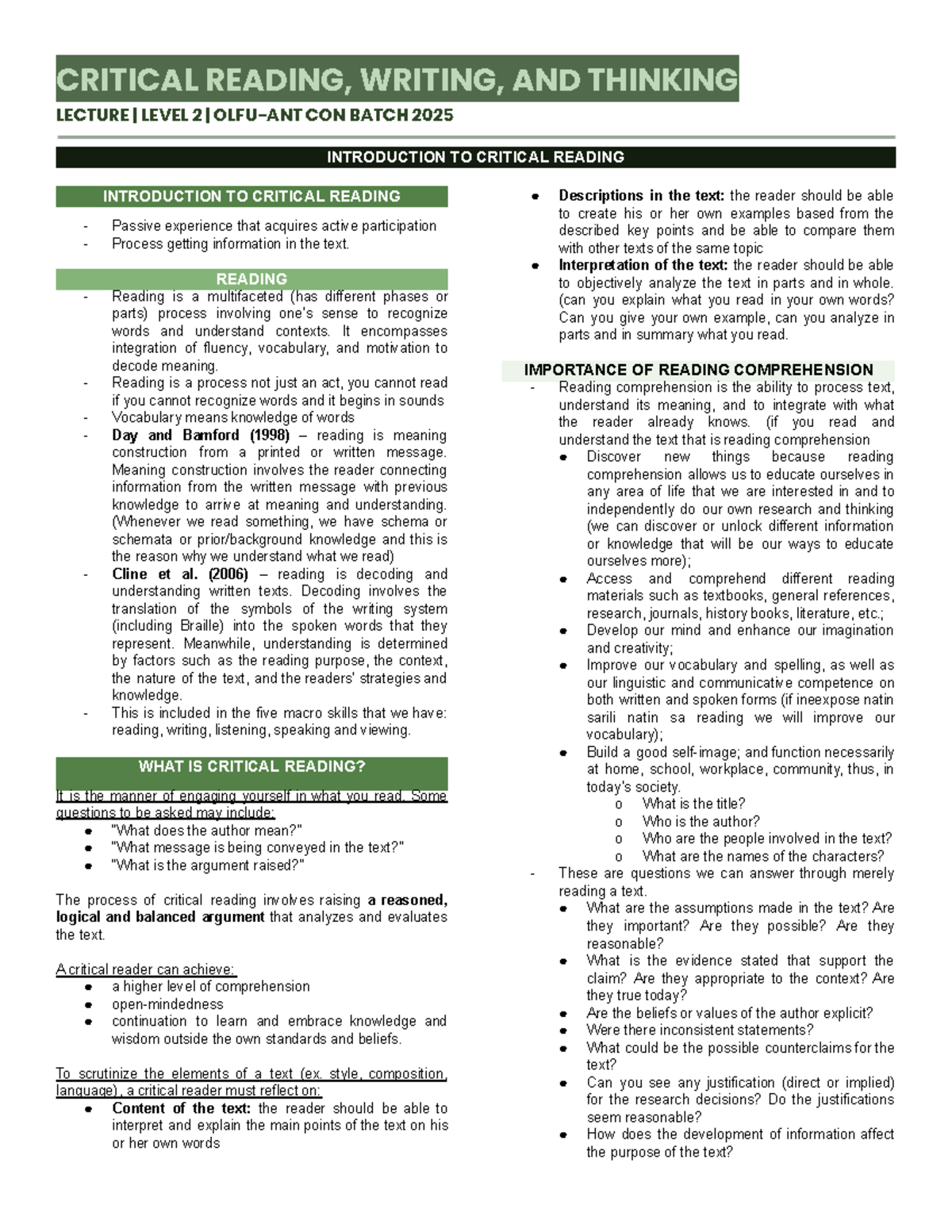 CRWT111 - Lecture Notes on Critical Reading and Writing Skills - Studocu