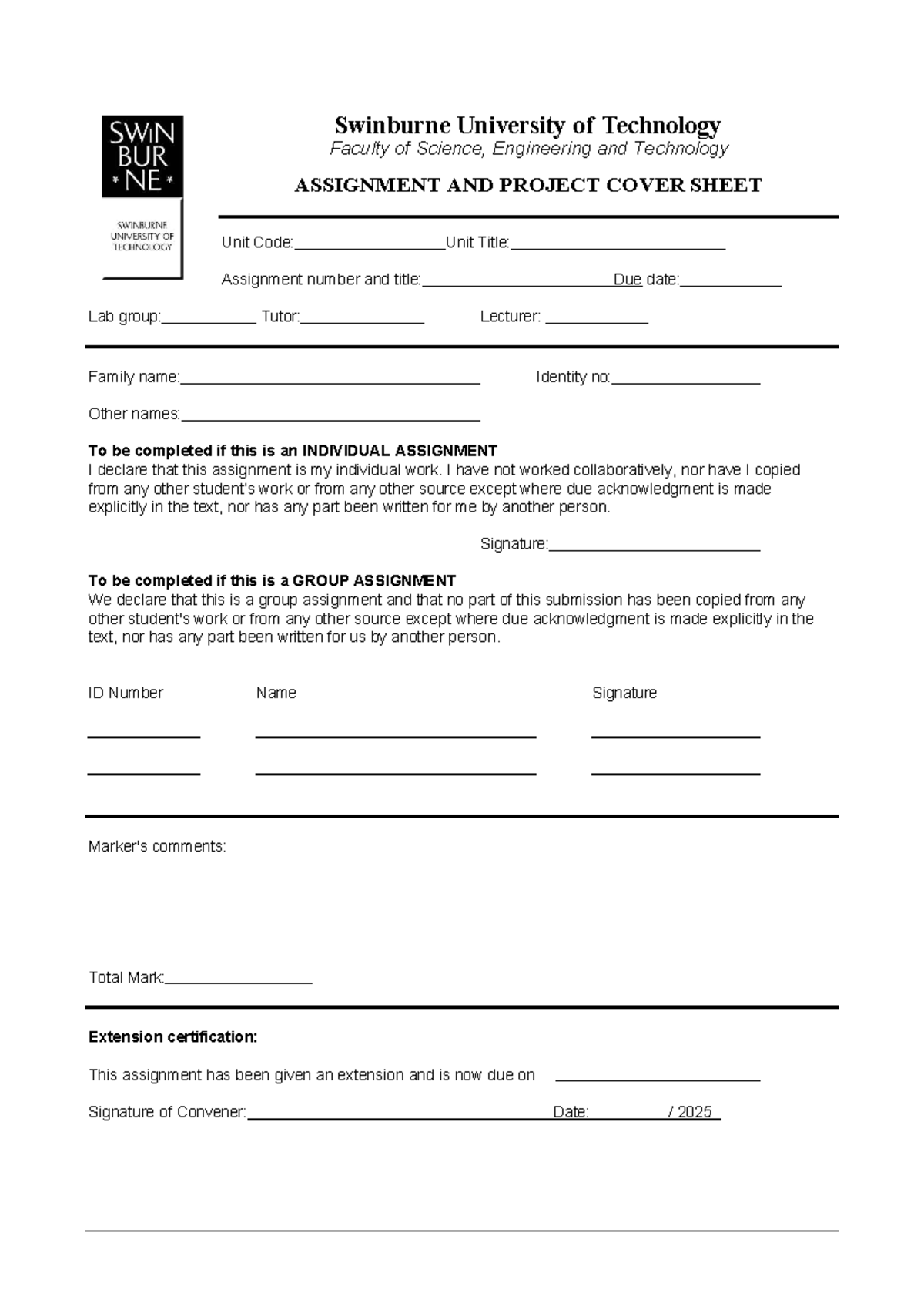 Assignment Cover Sheet 2025 - Swinburne University of Technology - Studocu