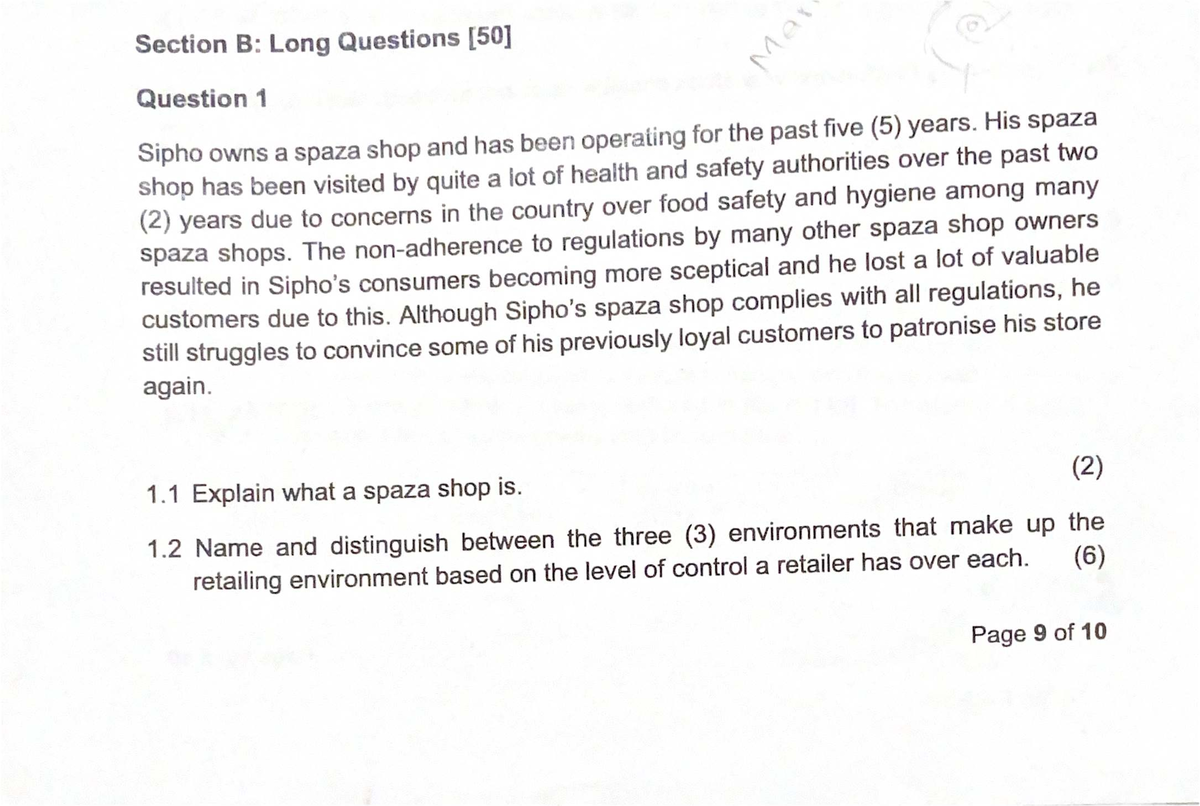 Section B: Long Questions on Spaza Shop Operations and Retailing ...