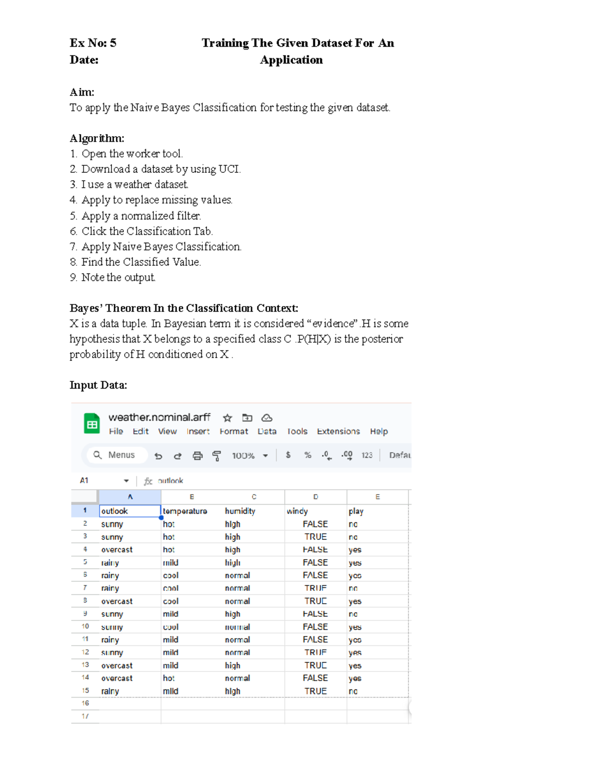 DW Ex 5: Naive Bayes Classification on Weather Dataset - Studocu