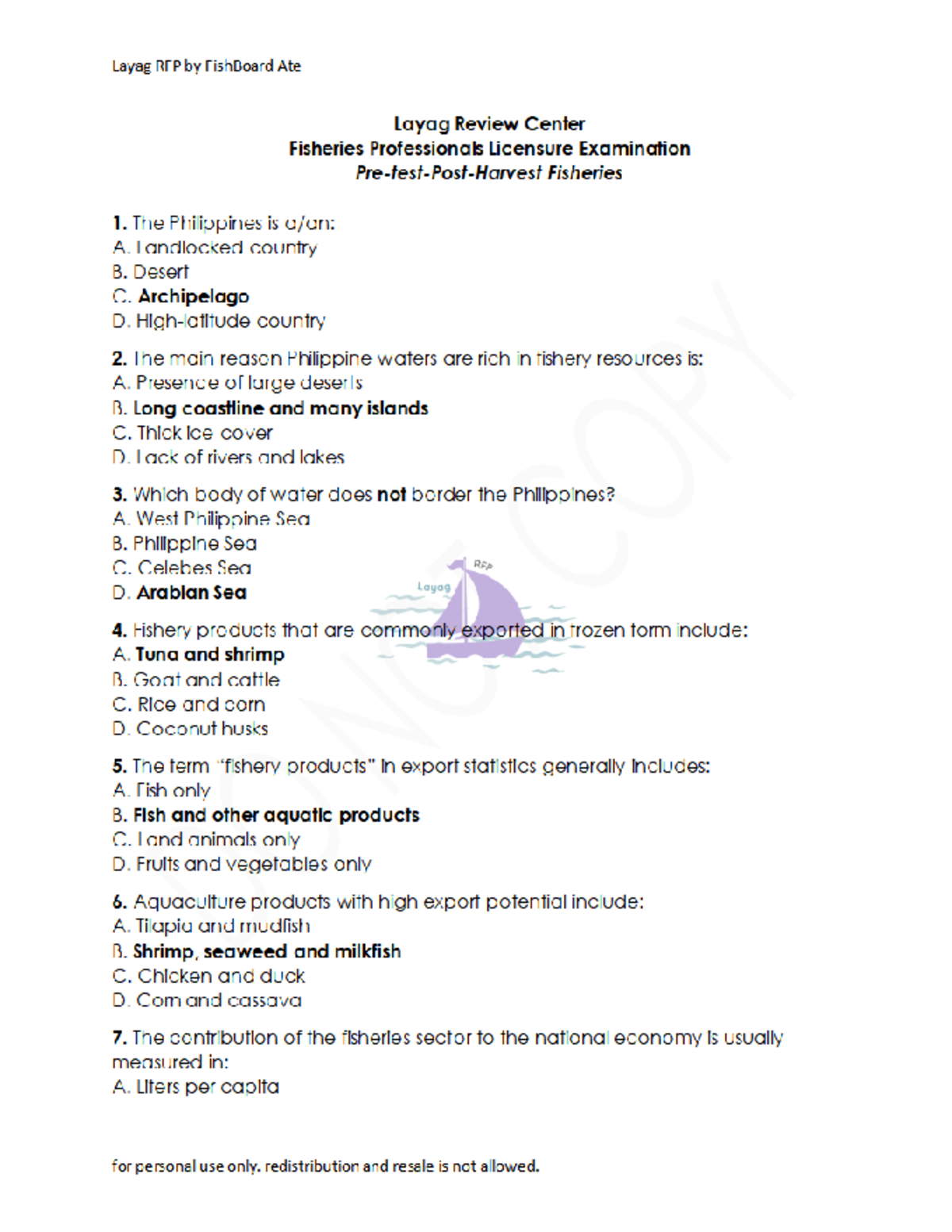 Fisheries 1 RFP: Key Answers for Pre-Test on Fishery Resources - Studocu