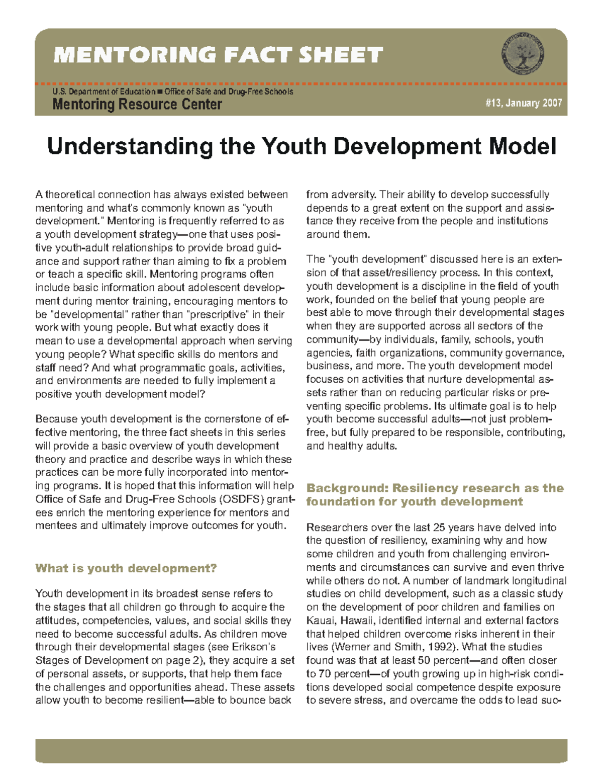 Youth Development Model: A Mentoring Resource Fact Sheet (ED 2007 ...