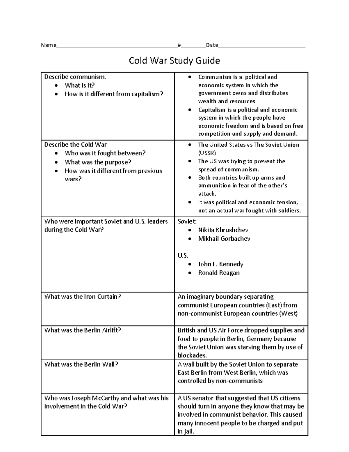 Cold War Study Guide - Name_______________________________________#Date