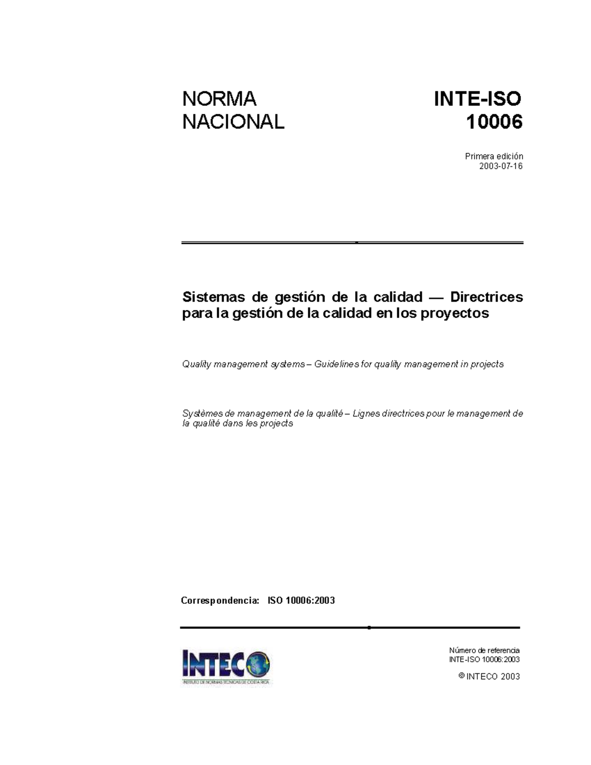 ISO-10006: Directrices para la Gestión de la Calidad en Proyectos - Studocu