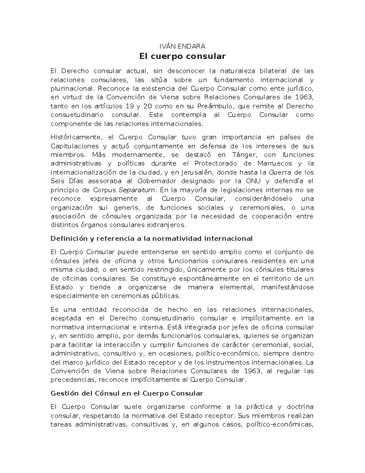 IVÁN ENDARA - El Cuerpo Consular: Análisis y Funciones Jurídicas - Studocu