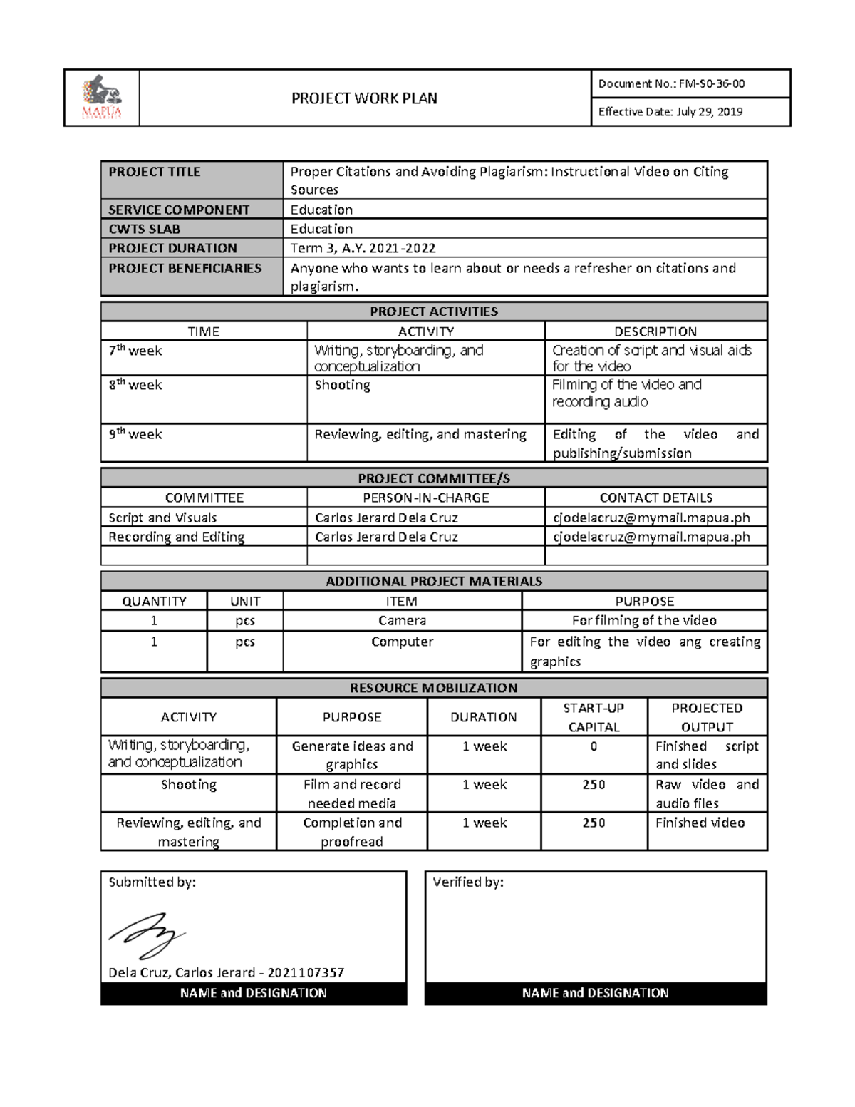 CWTS102-Project Work Plan - Civic Welfare Training Service 102 - Mapúa ...