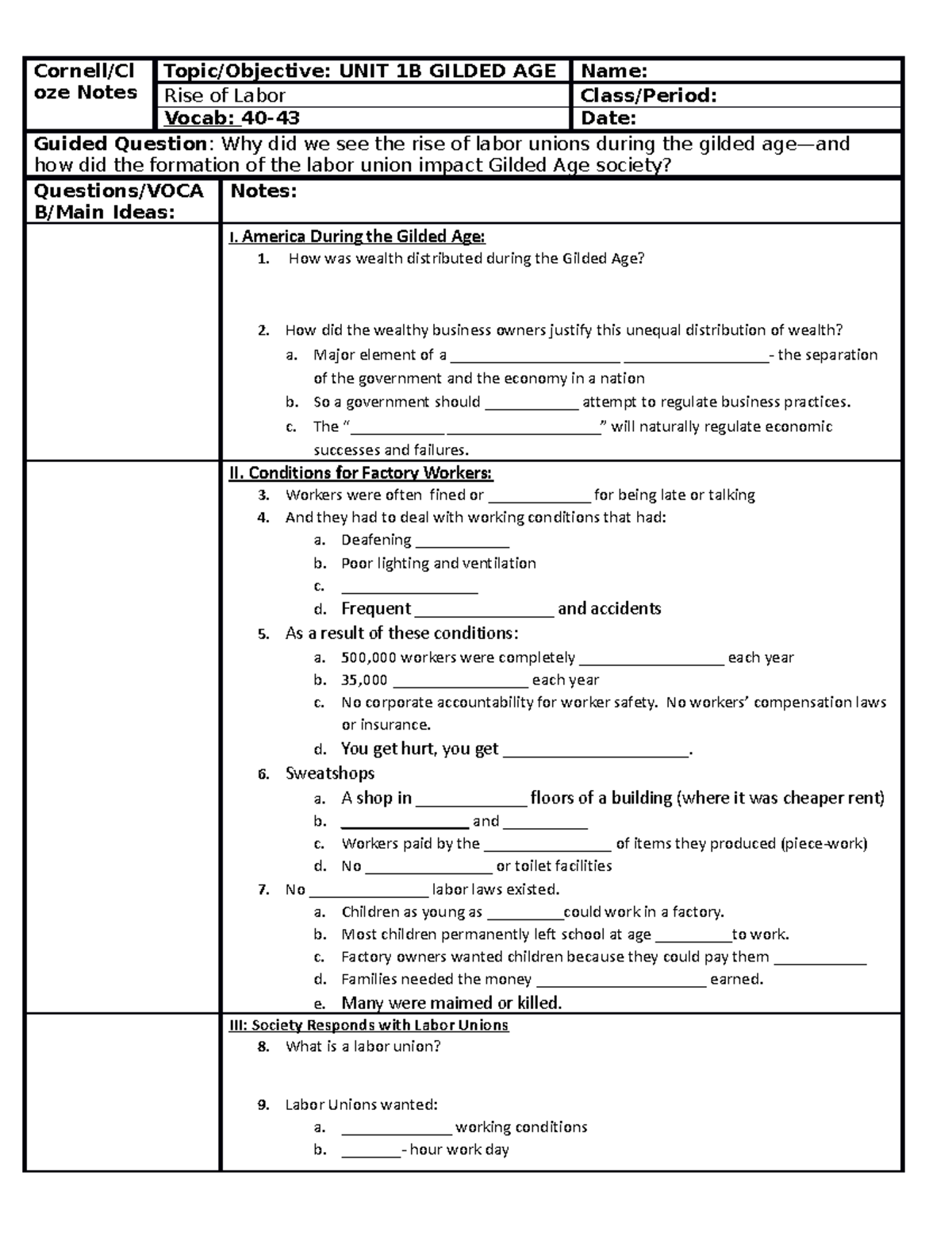 Unit 1B Labor Movement in the Gilded Age: Key Notes & Insights - Studocu