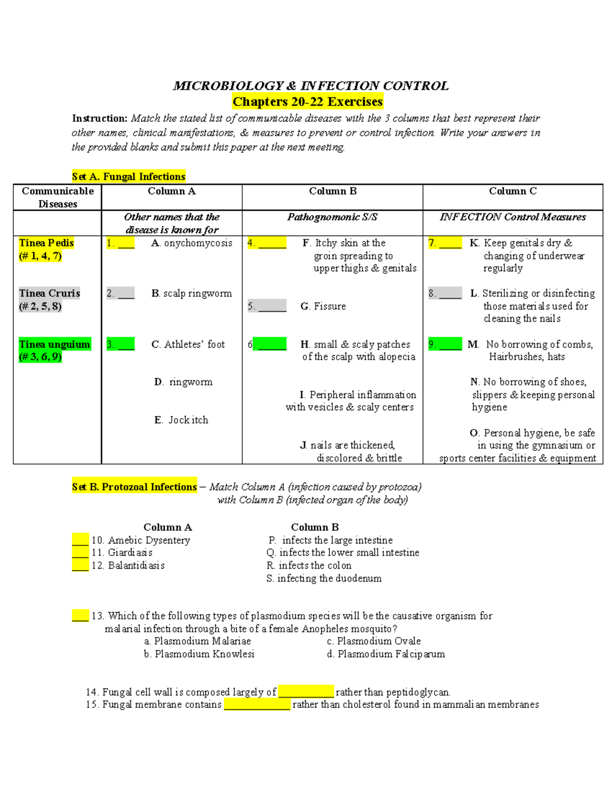 MICROBIOLOGY INFECTION CONTROL: Chapter Exercises & Matching Guide ...