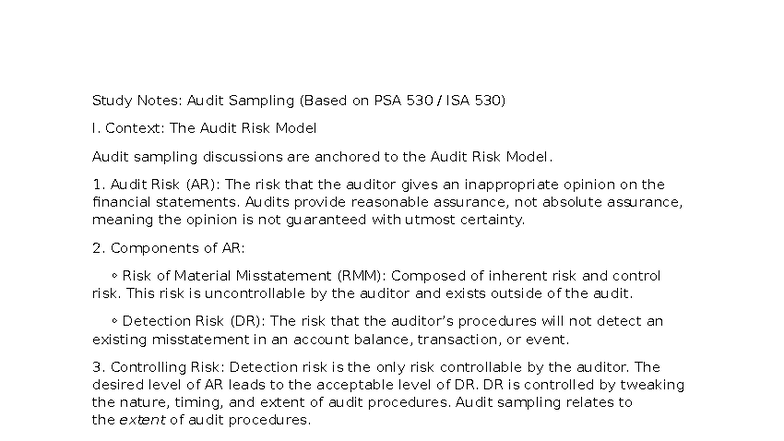 Study Notes: Audit Sampling (PSA 530 ISA 530) - Studocu