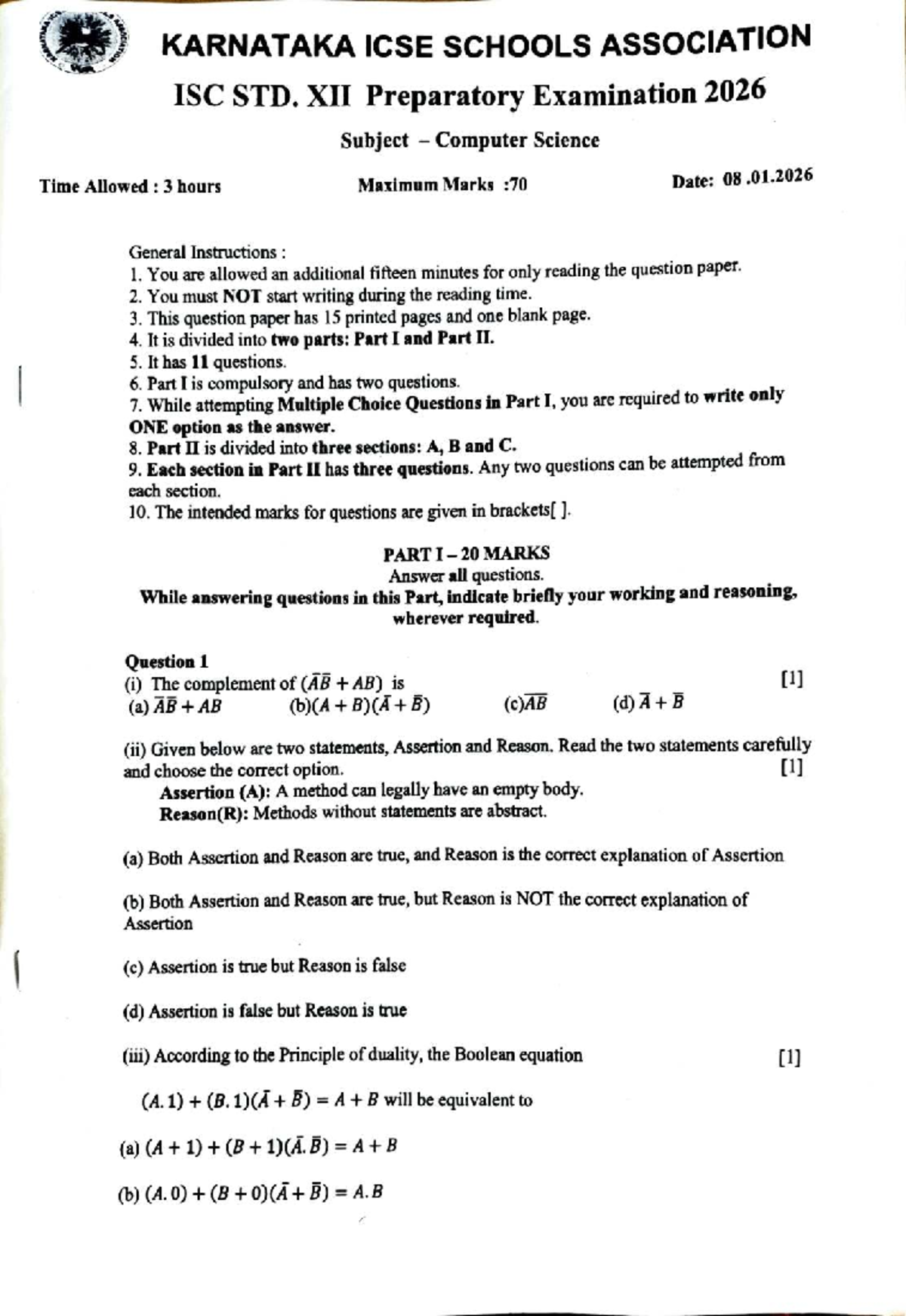KISA ISC Computer Science Std. XII Preparatory Exam 2026 - Question ...
