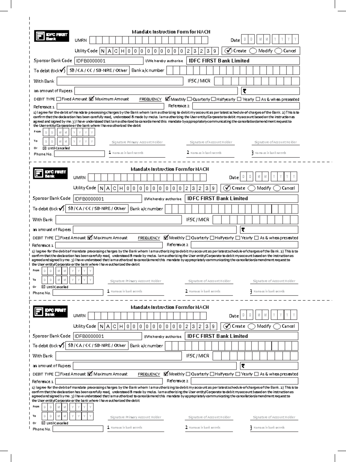 NACH Mandate Instruction Form - IDFC FIRST Bank - Studocu