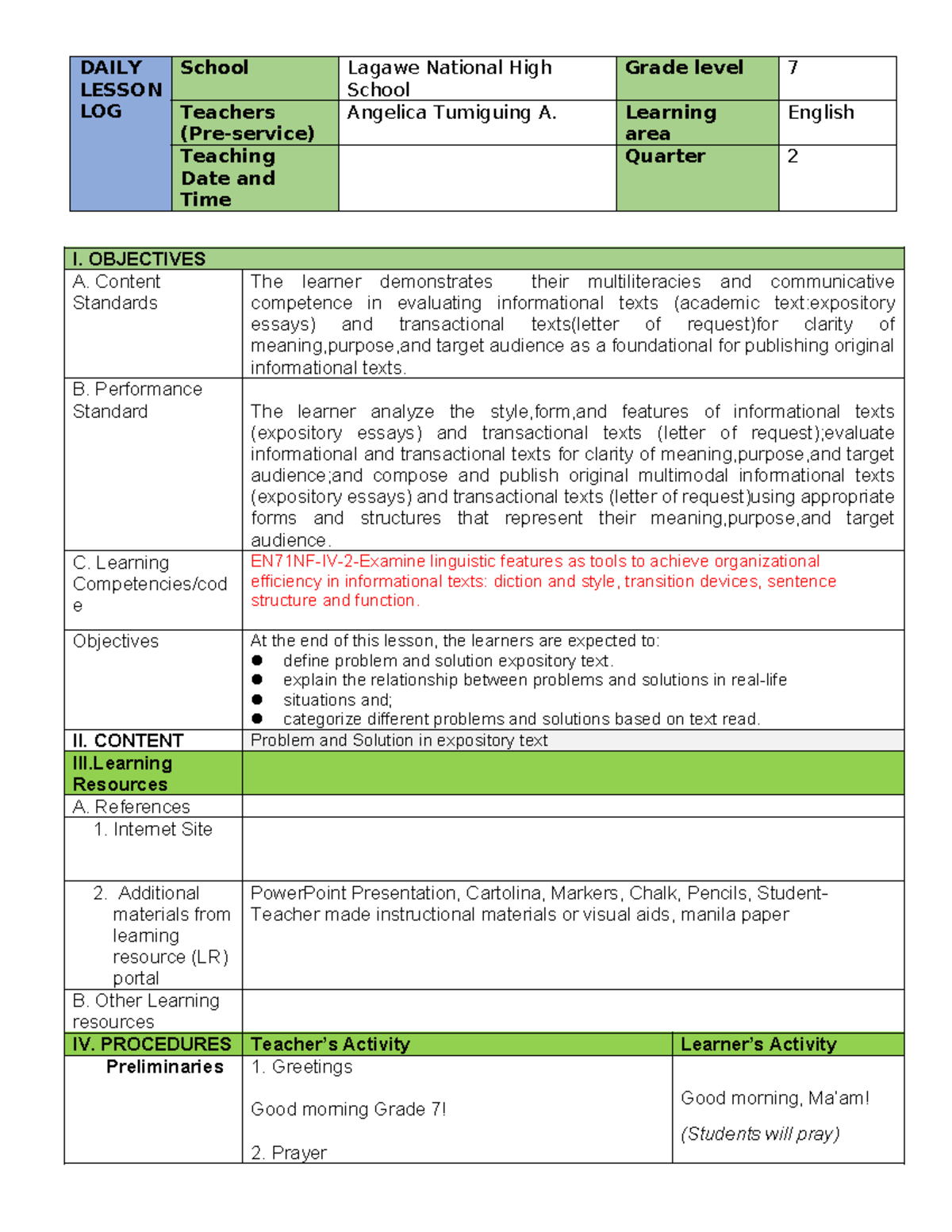 DAILY Lesson Log for Grade 7 English 2: Problem and Solution Focus ...