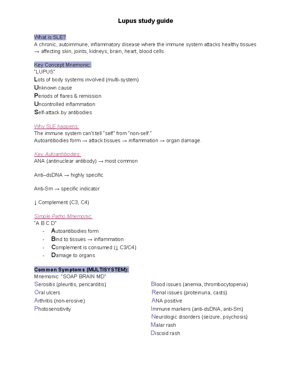 Lupus Study Guide (SLE): Concept Map & Disease Process Overview - Studocu
