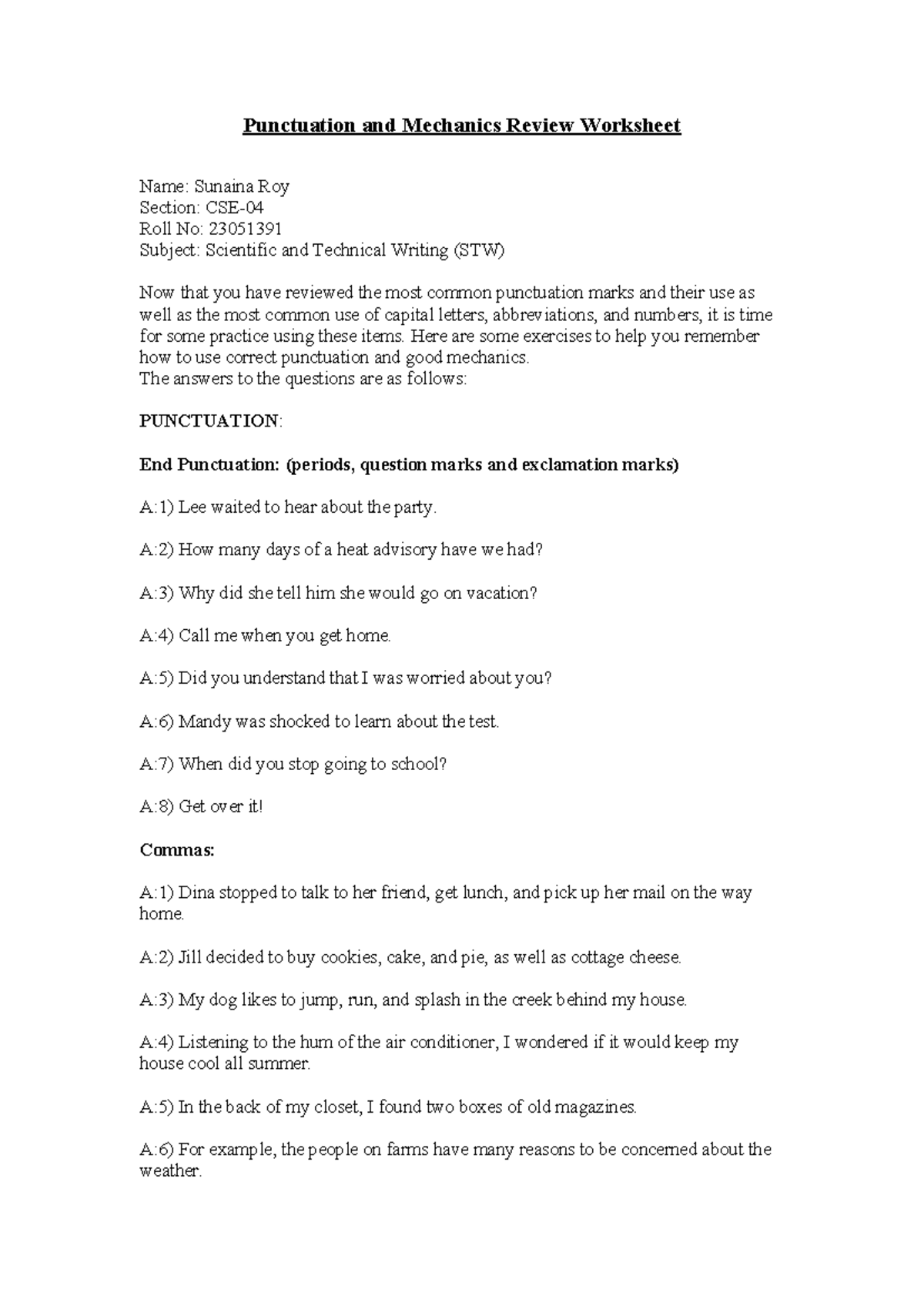 Punctuation and Mechanics Review Worksheet - Here are some exercises to ...