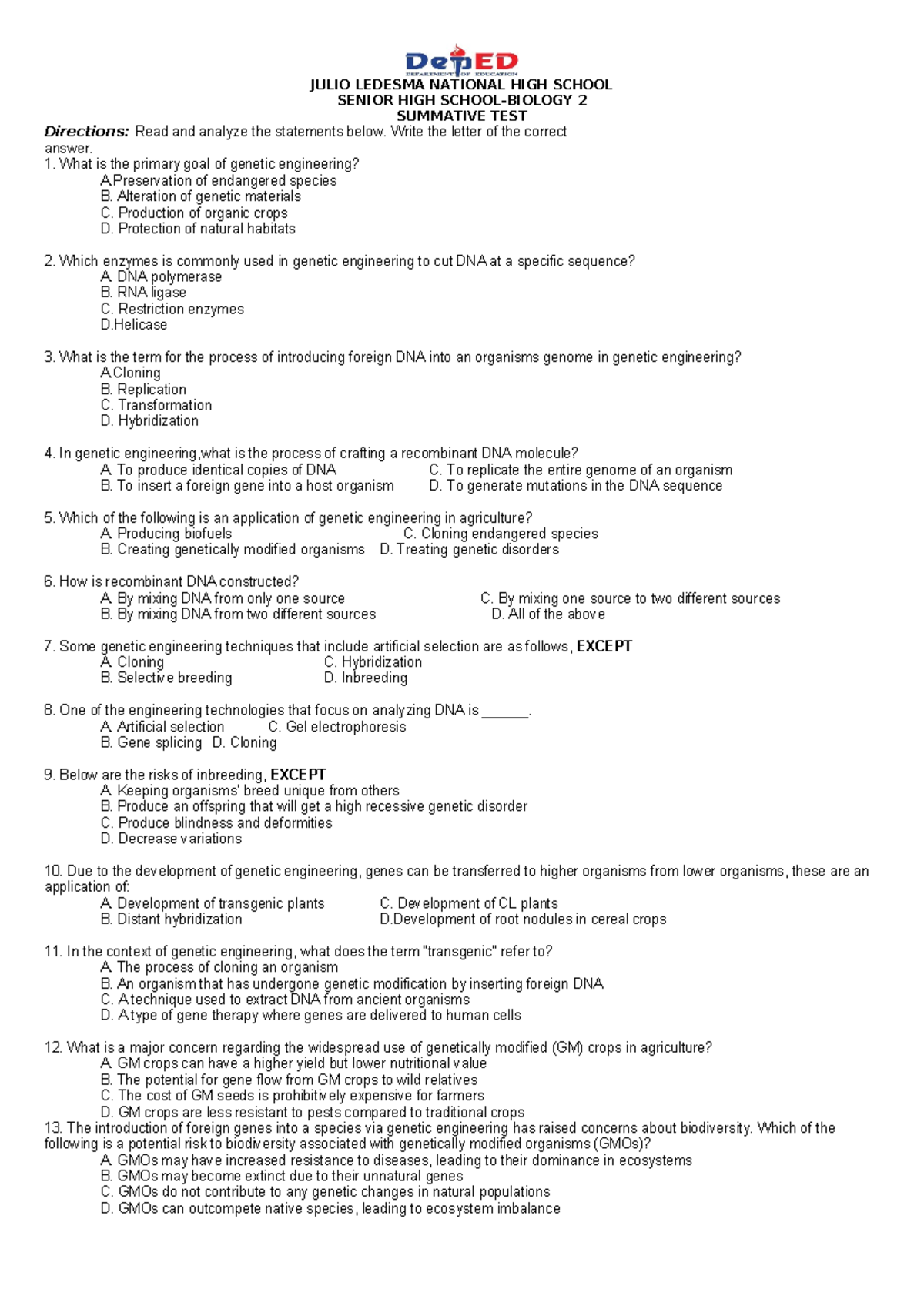 Biology-2 Summative Test: Genetic Engineering Concepts and Applications ...