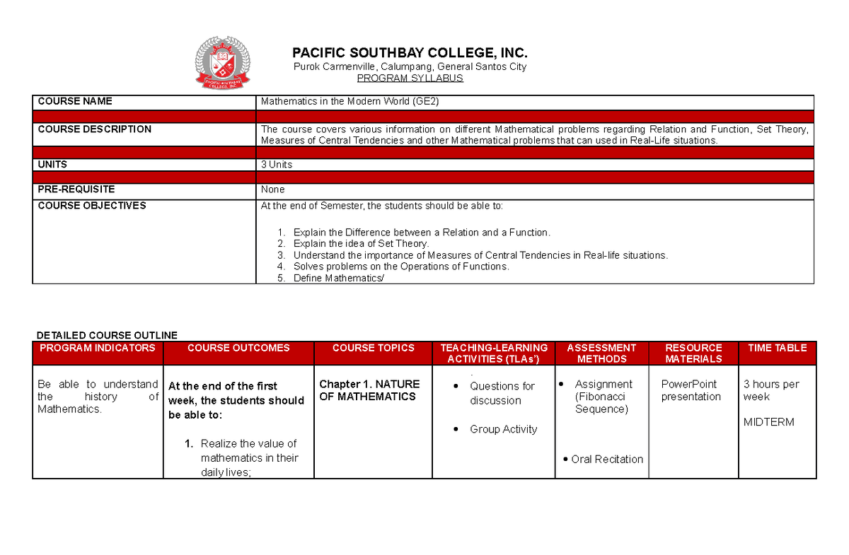 Mathematics in the Modern World (GE2) Course Syllabus Overview - Studocu