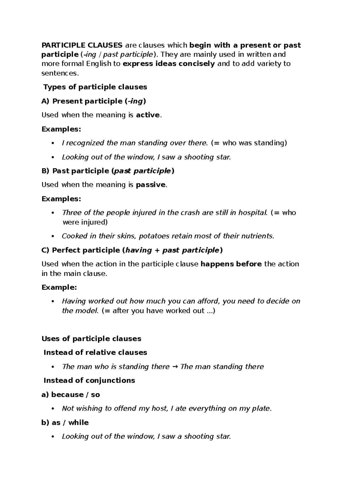 Participle Clauses - Notes for English Grammar (ENG 101) - Studocu