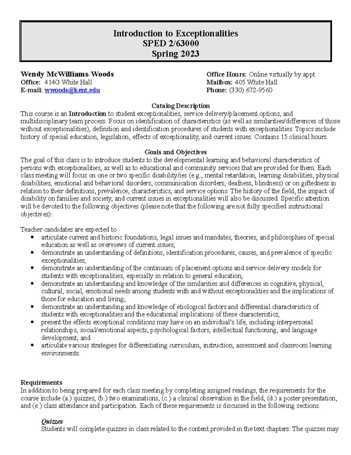 SPED 23000 Introduction to Exceptionalities Syllabus Spring 2023 - Studocu