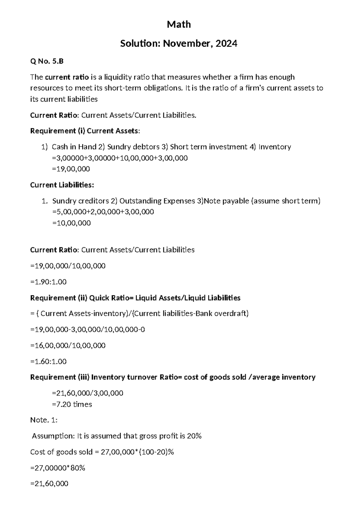 Math Solutions: November 2024 - Current Ratio Analysis - Studocu