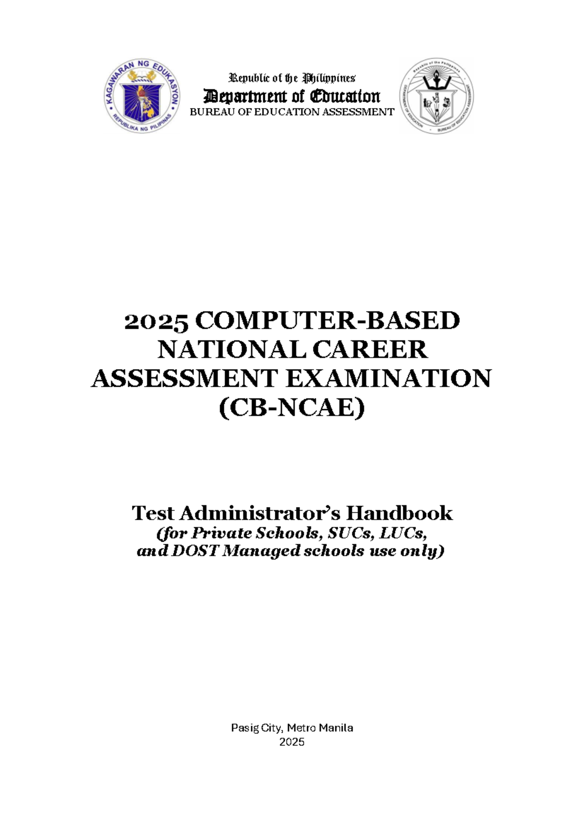 2025 National Career Assessment Examination Test Handbook for Private ...