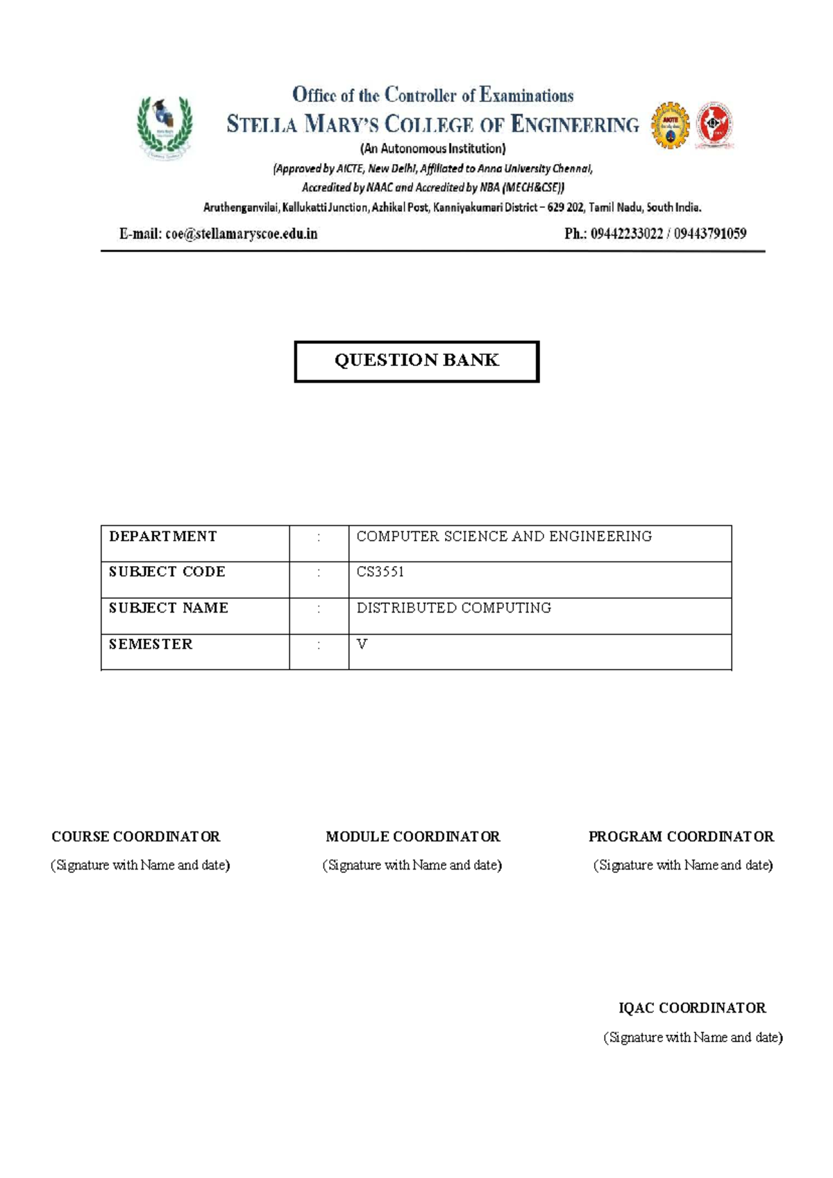 Question Bank: CS3551 Distributed Computing - Semester V - Studocu