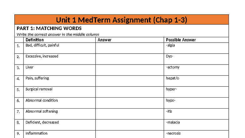 Unit 1 MedTerm Assignment (Chap 1: Matching & Definitions) - Studocu