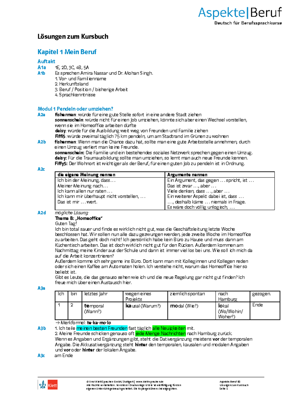 Aspekte Beruf B2 Lösungen zum Kursbuch: Kapitel 1 bis 7 - Studocu