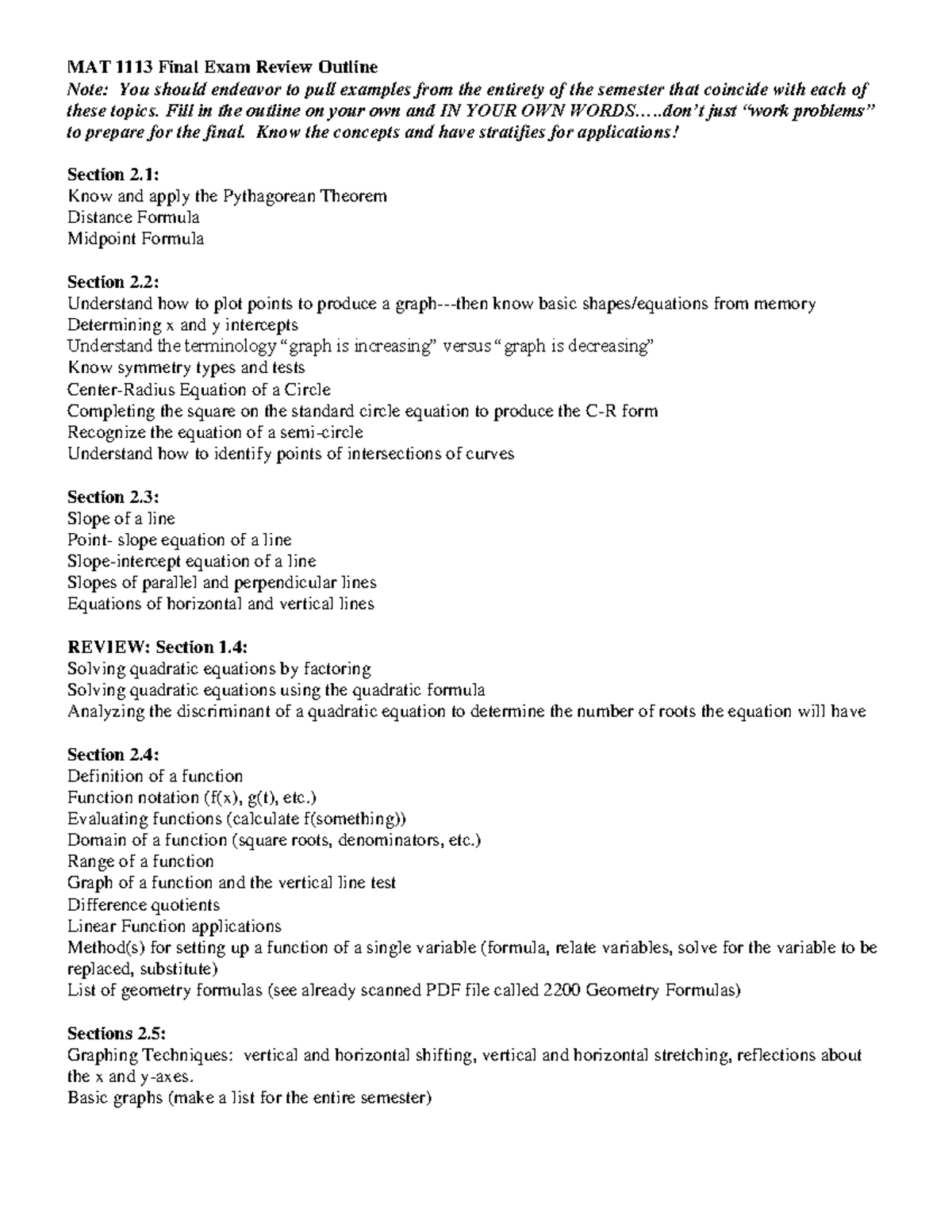 MAT 1113E Final Exam Review Outline and Key Concepts - Studocu