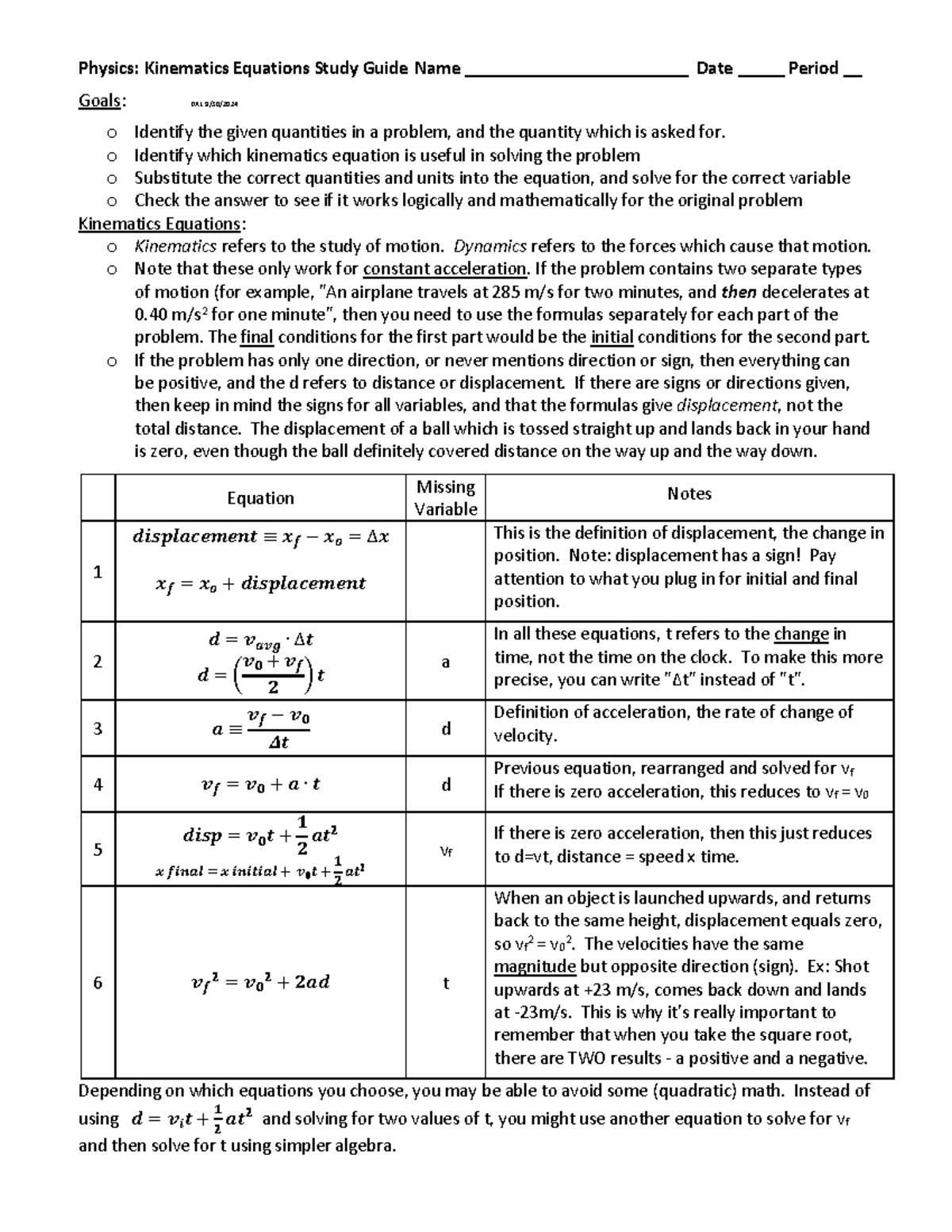 Kinematics Equations Study Guide for Physics DAL - Studocu