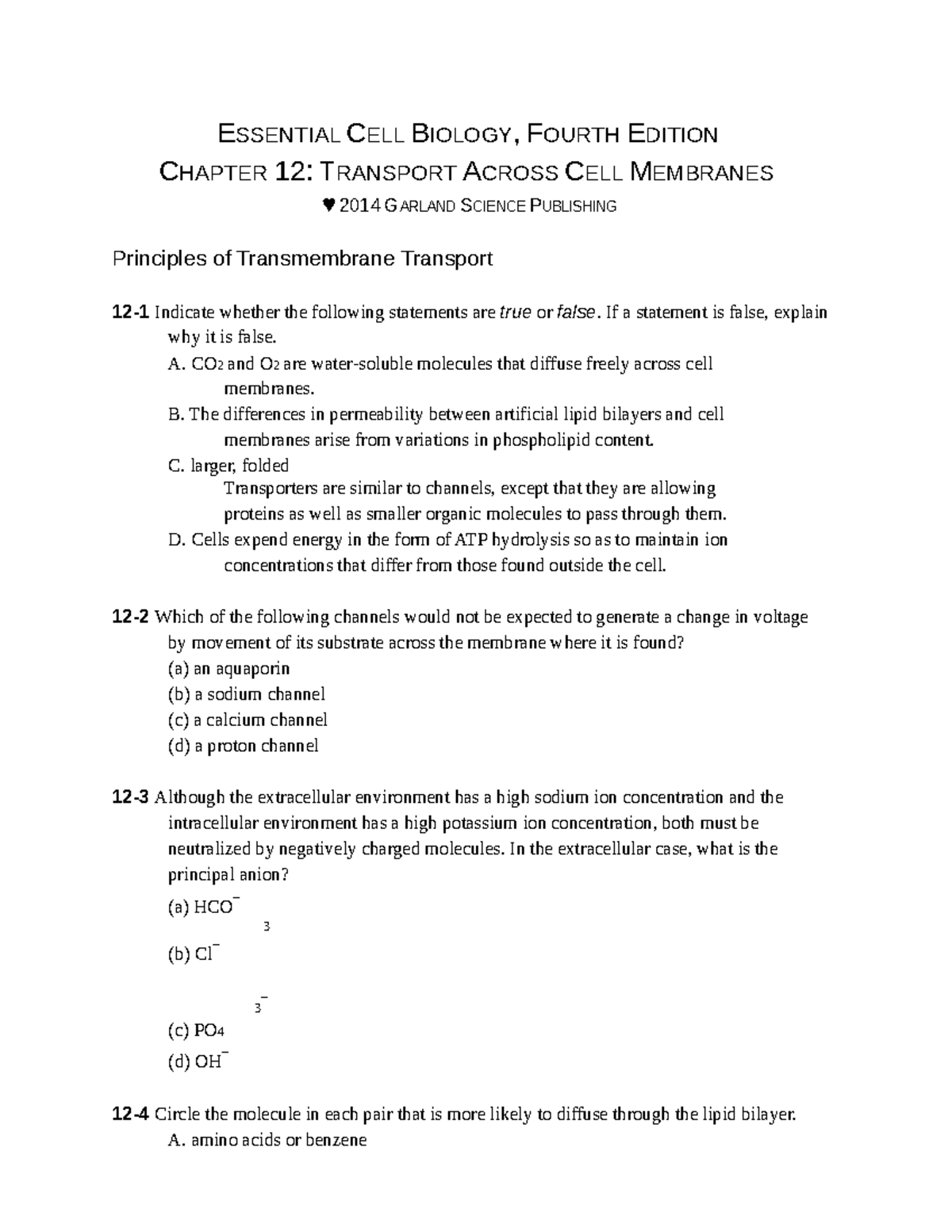 Ecb4 CH1212 Exam Practice Questions on Cell Membrane Transport - Studocu