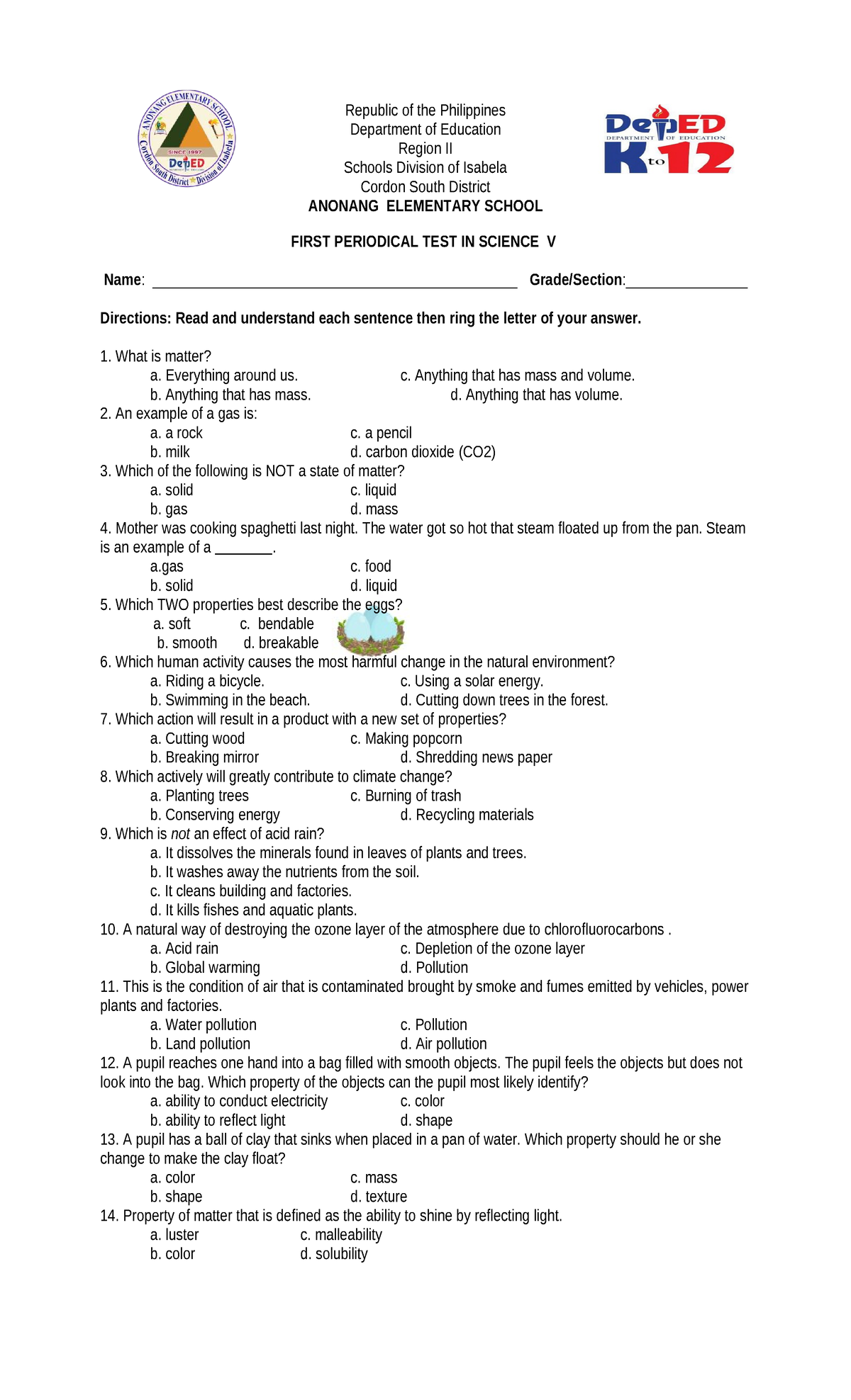 PT Science 5 Q1 - First Periodical Test Questions - Studocu