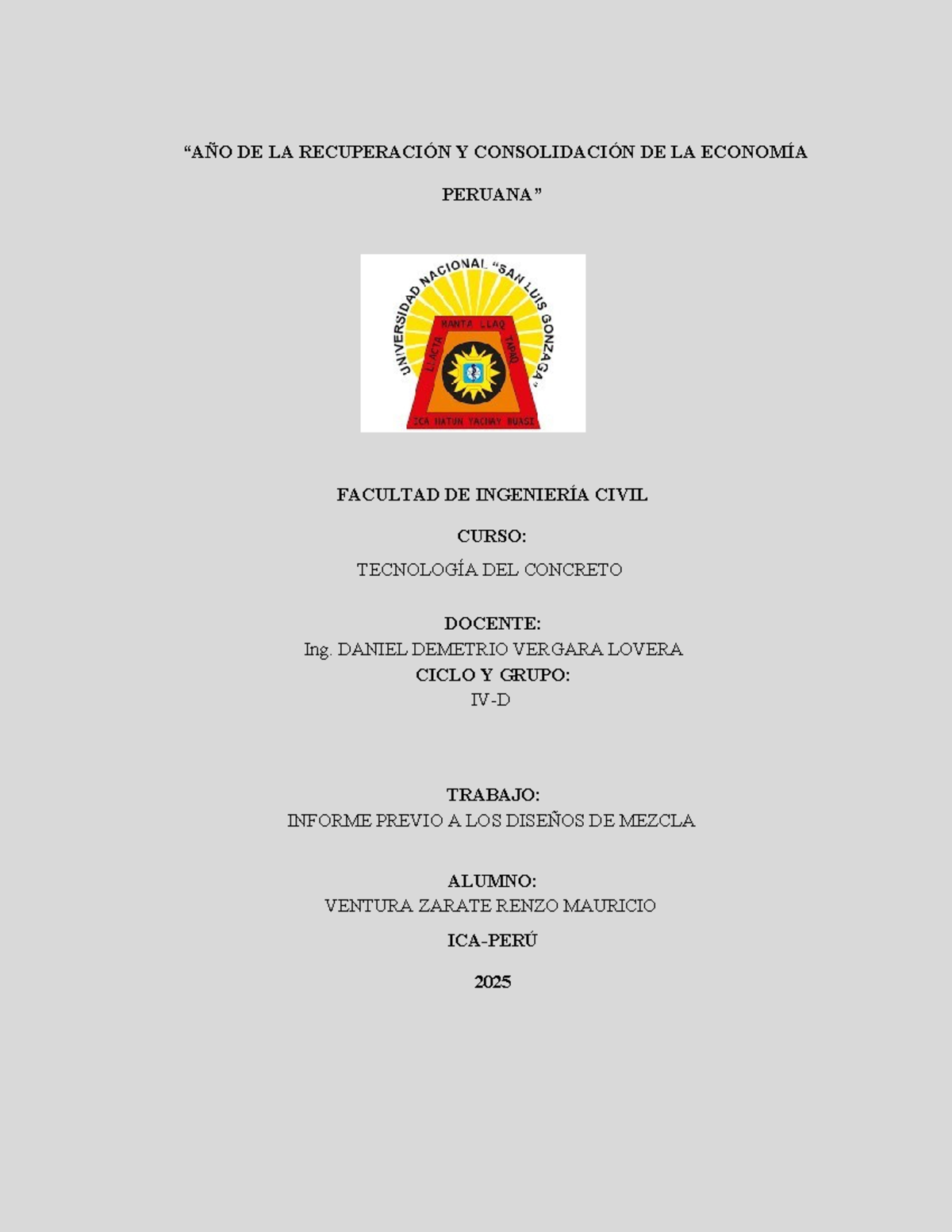Informe Previo a los Diseños de Mezcla - Tecnología del Concreto 2025 ...