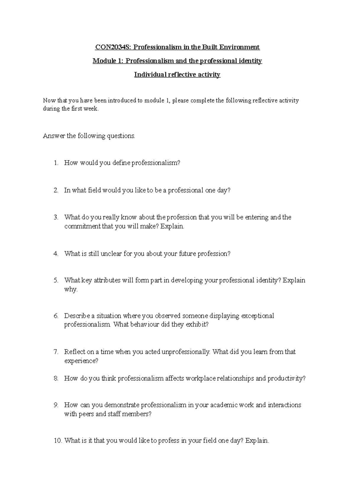 CON2034S: Module 1 Reflective Activity on Professionalism - Studocu